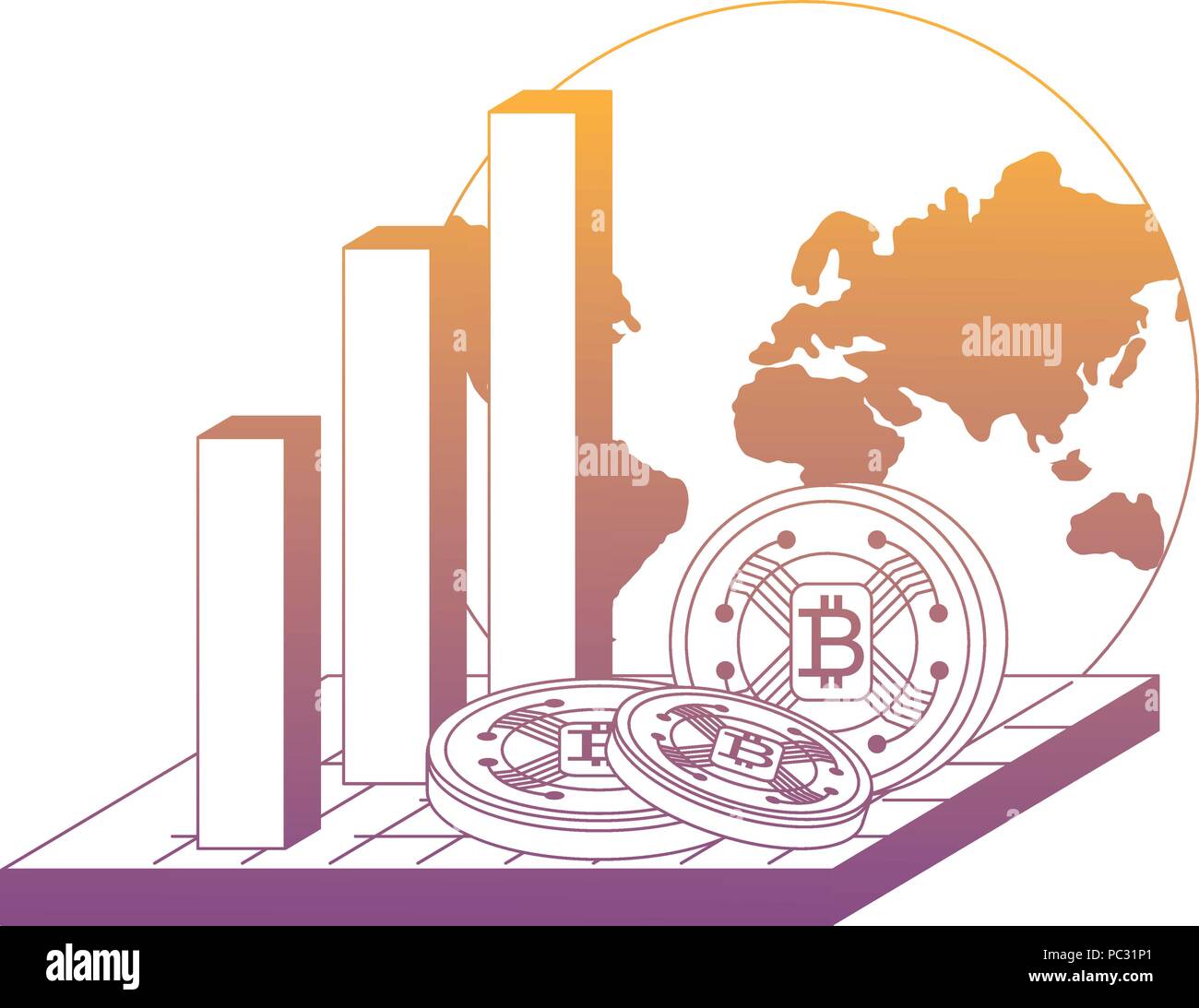 bar chart with earth planet and cryptocoins over white background ...