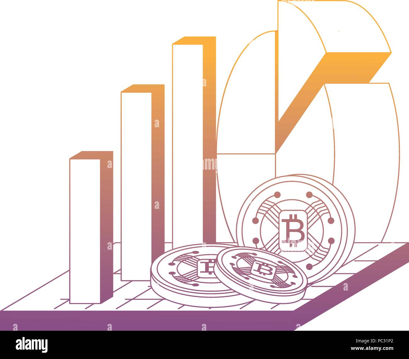 bar and pie chart with cryptocoins over white background, vector ...