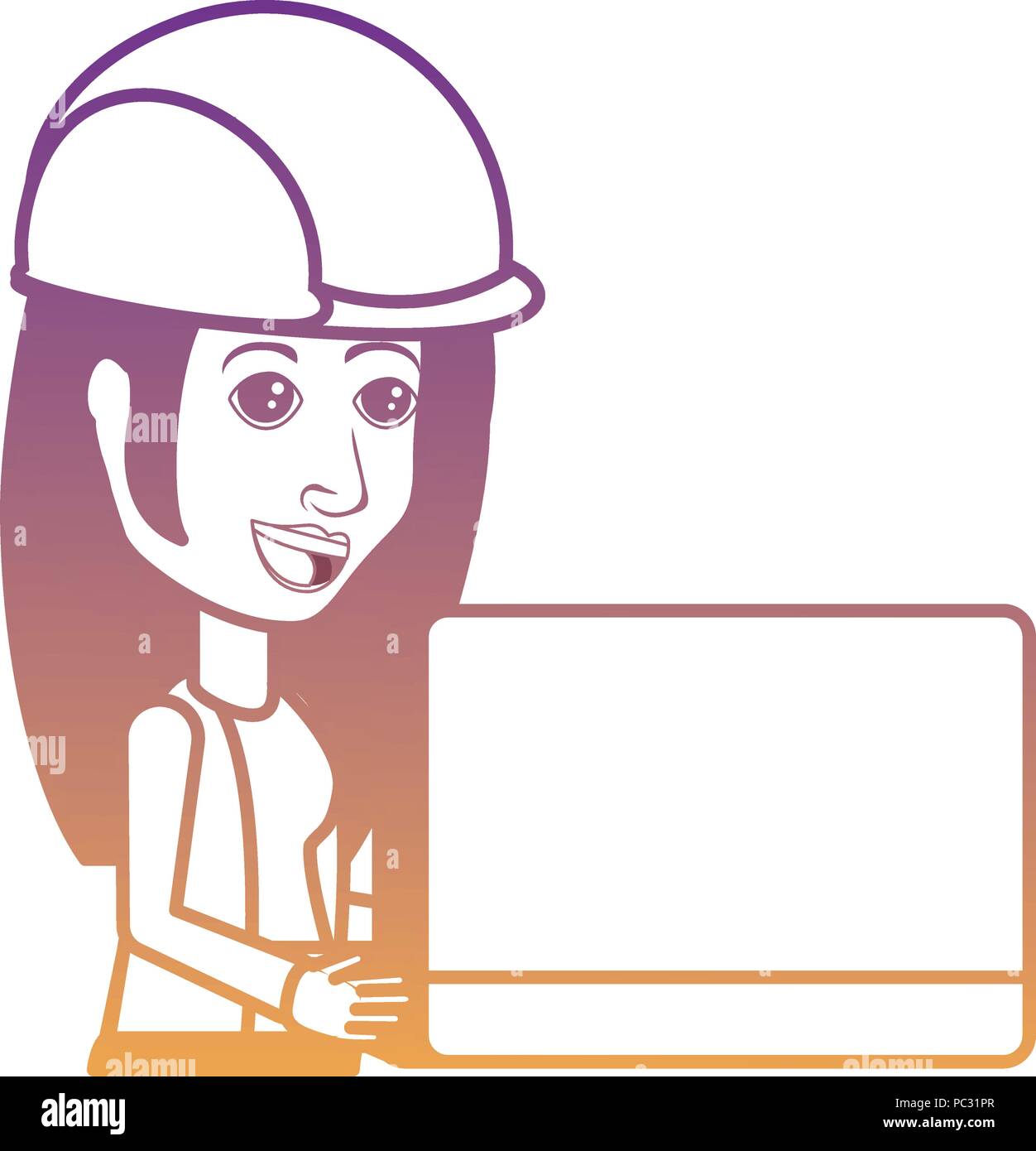 cartoon woman with safety helmet and using a laptop computer over white ...