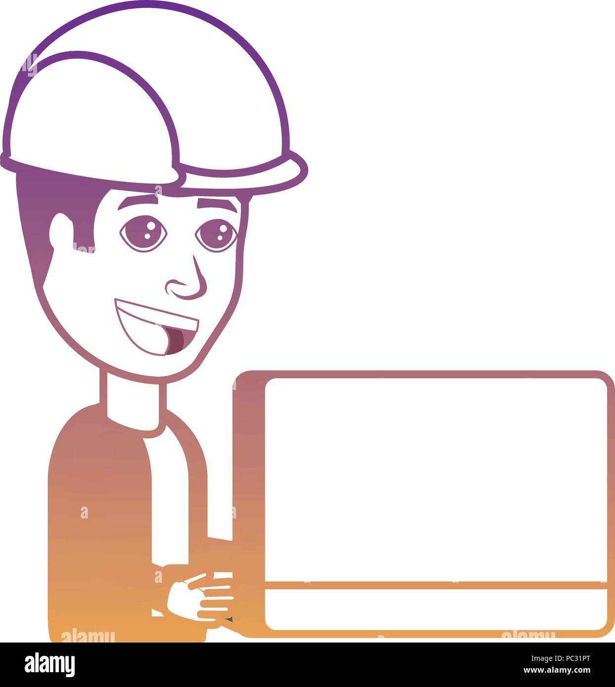 cartoon woman with safety helmet and using a laptop computer over white ...