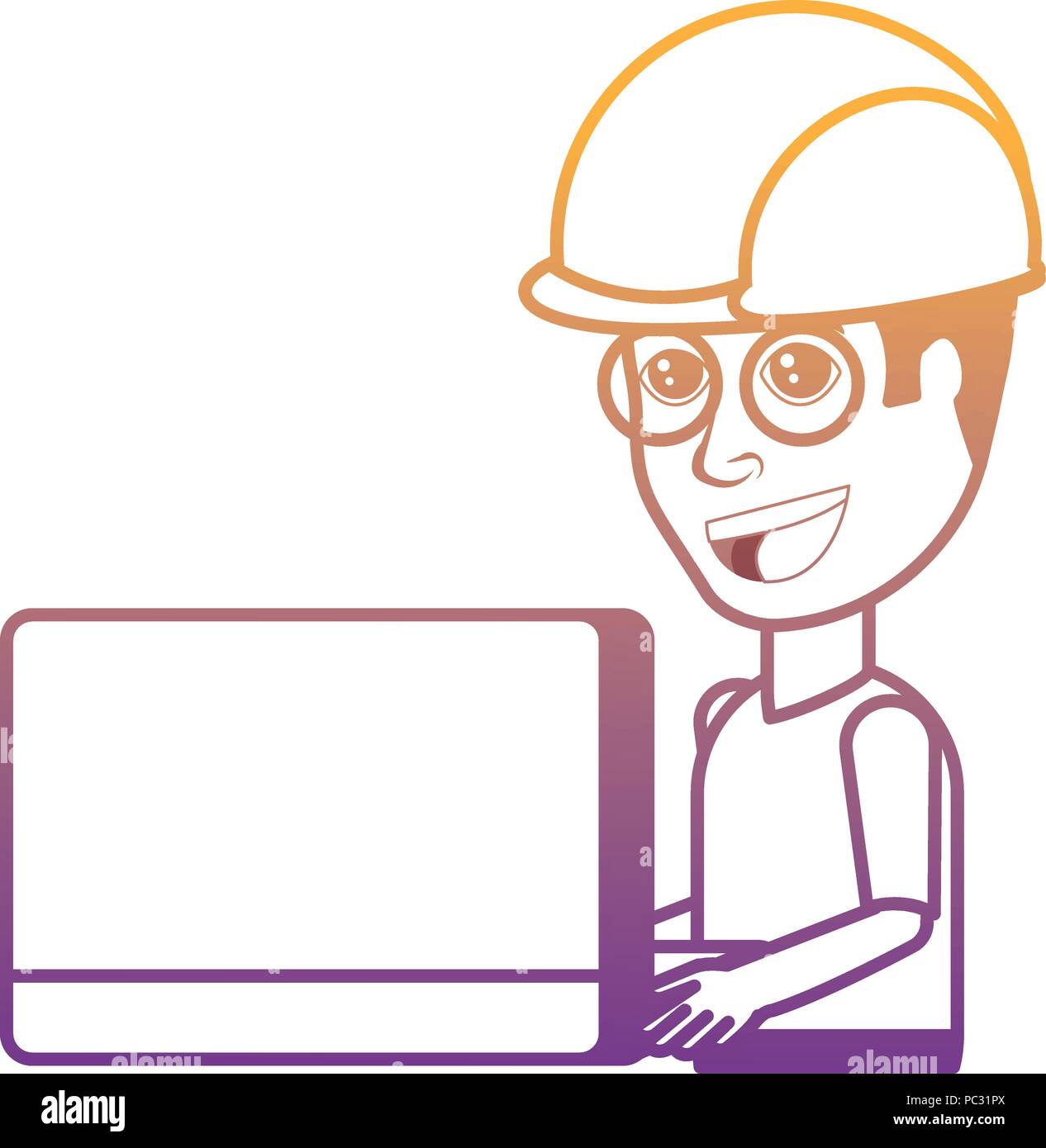 cartoon woman with safety helmet and using a laptop computer over white ...