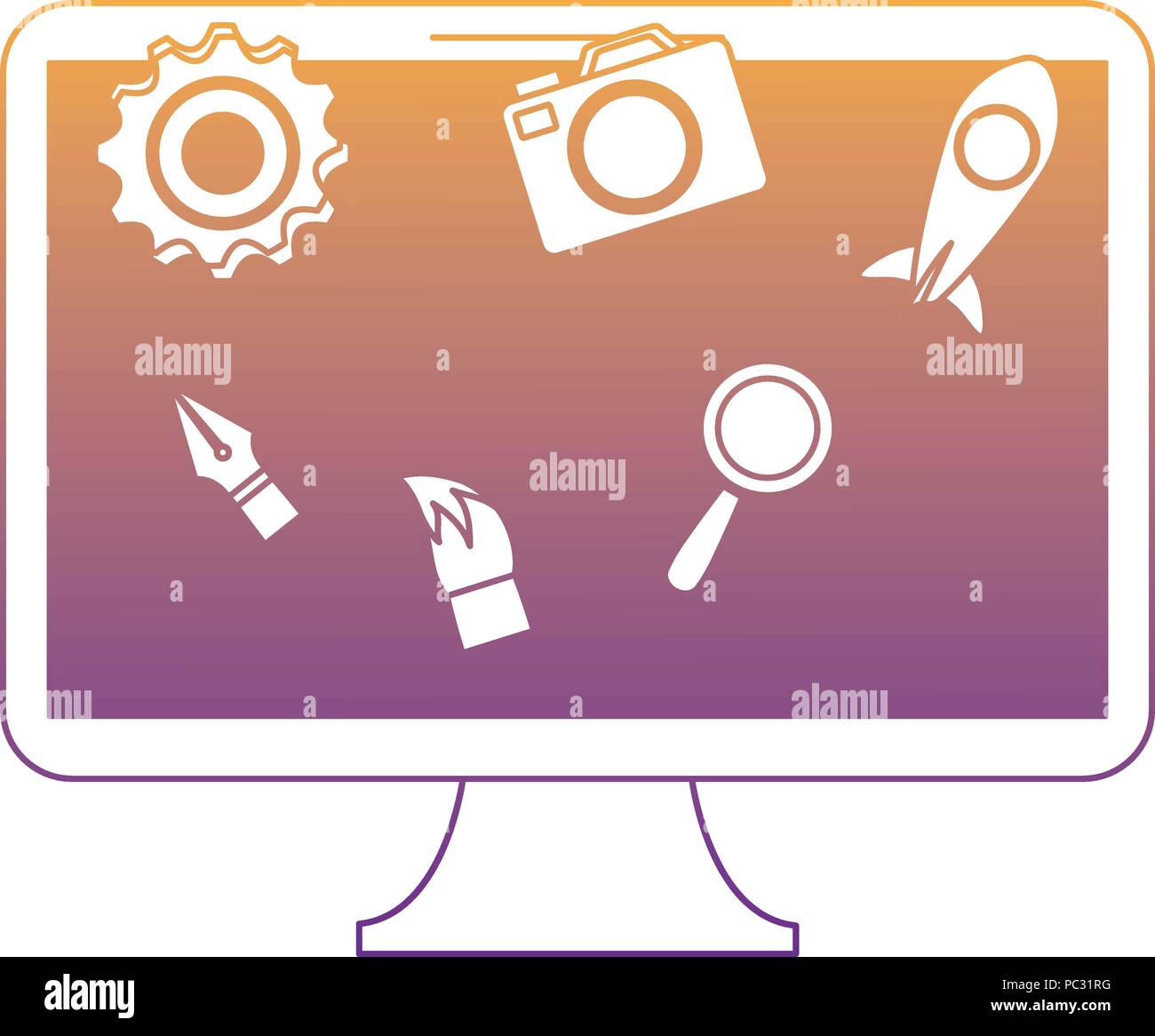 computer with creative related icons over white background, vector ...