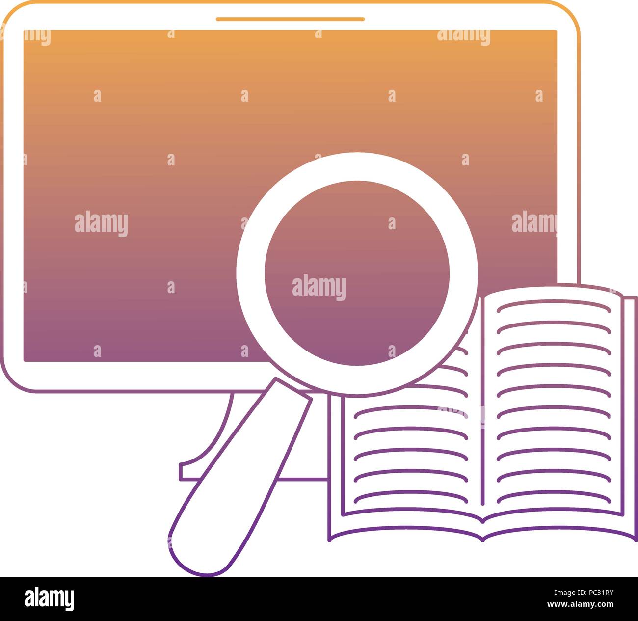 computer with book and lupe over white background, vector illustration ...