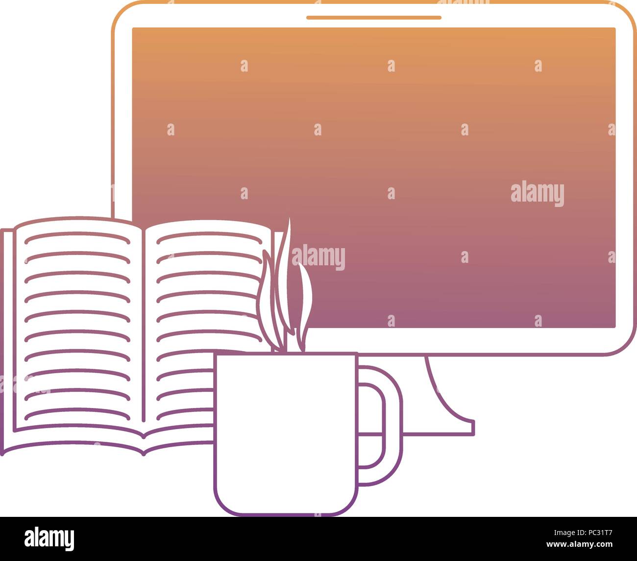 computer with coffee mug and book over white background, vector ...