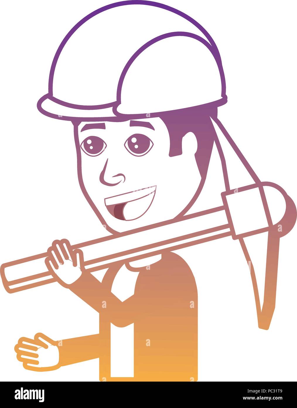 cartoon man holding a pickaxe and wearing a industrial helmet over ...