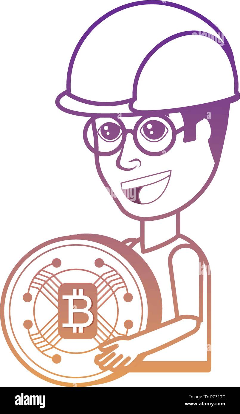 cartoon man with safety helmet and holding a bitcoin coin over white ...