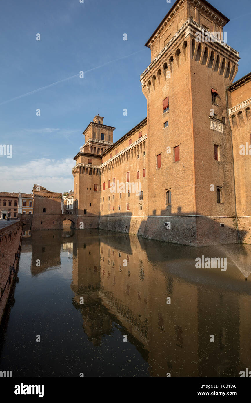 Ferrara, Italy - June 10, 2017: Castle Estense, a four towered fortress ...