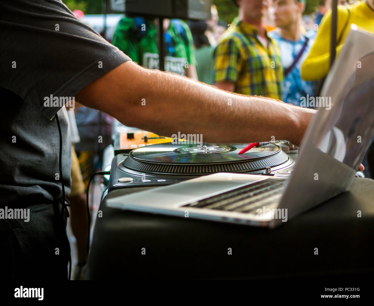 close up hand adjusting music settings on the laptop computer Stock ...