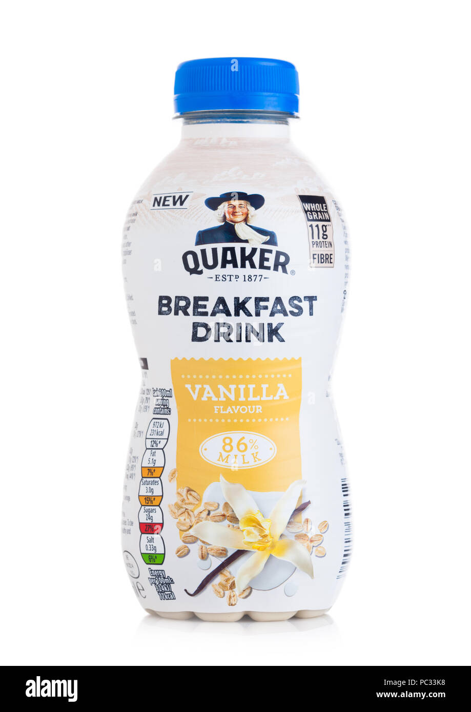 LONDON, UK - AUGUST 10, 2018: Plastic bottle of Quaker Breakfast drink ...
