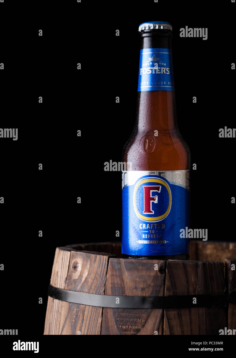 LONDON, UK - AUGUST 10, 2018: Cold bottle of fosters beer on top of ...