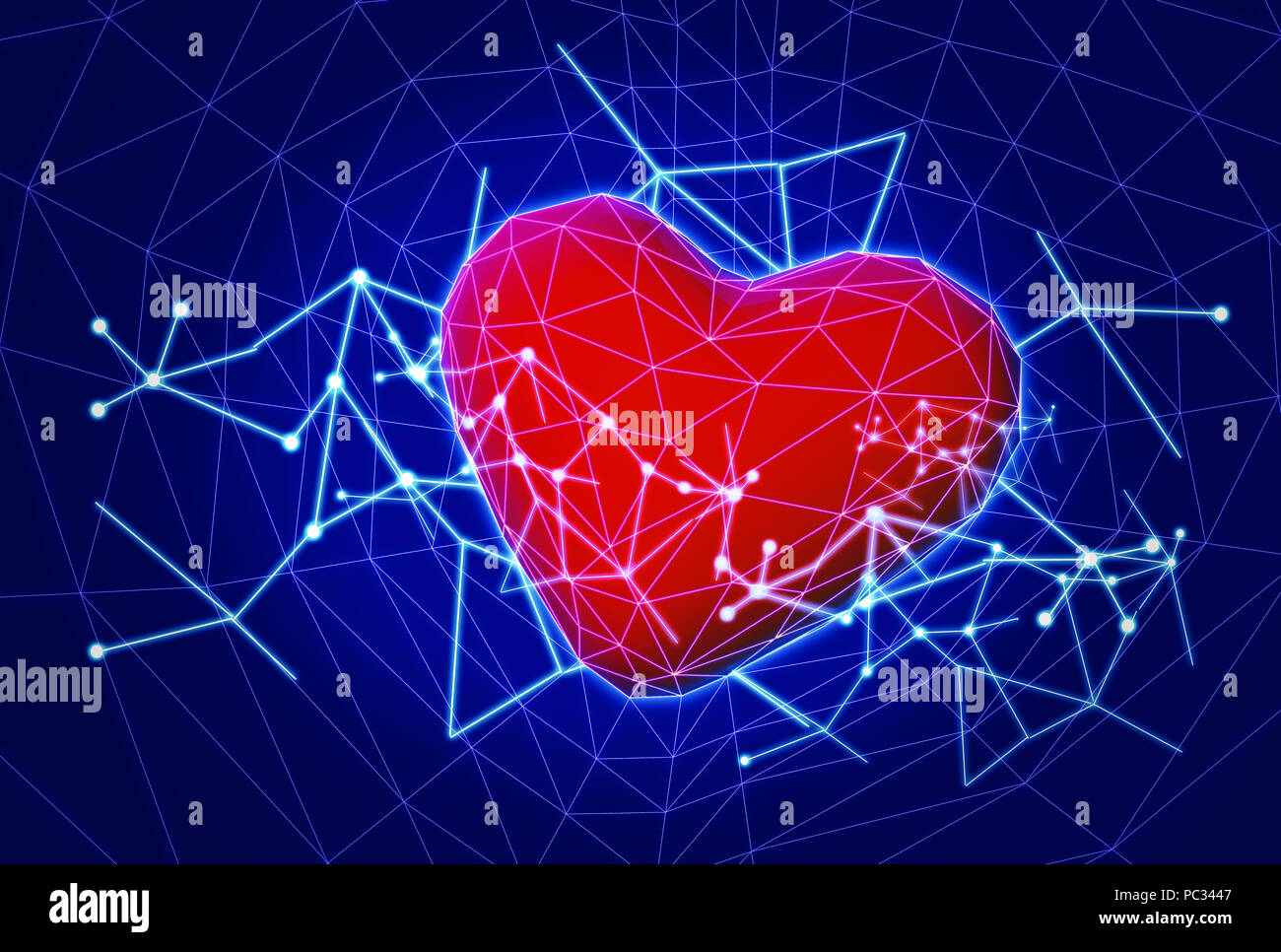 3D rendering artificial wireframe heart with network signal on dark ...