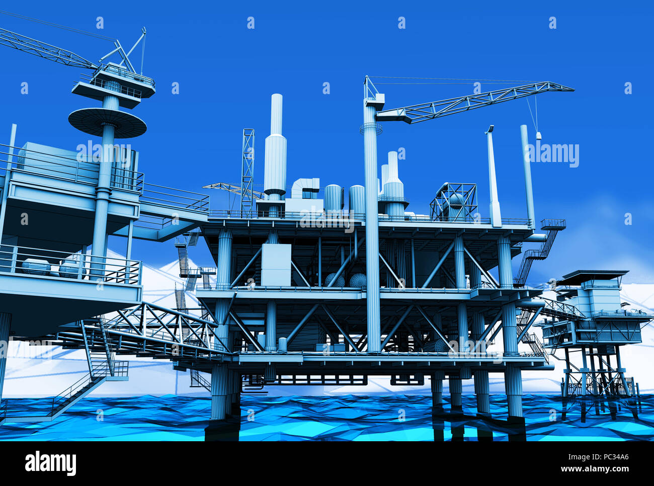 3D rendering ,Blue screen futuristic wireframe oil rig constructtion ...