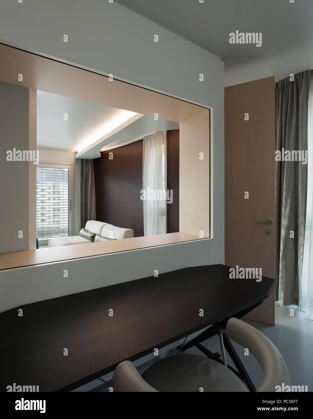 Luxury apartment, modern living room view from a window indoor Stock ...