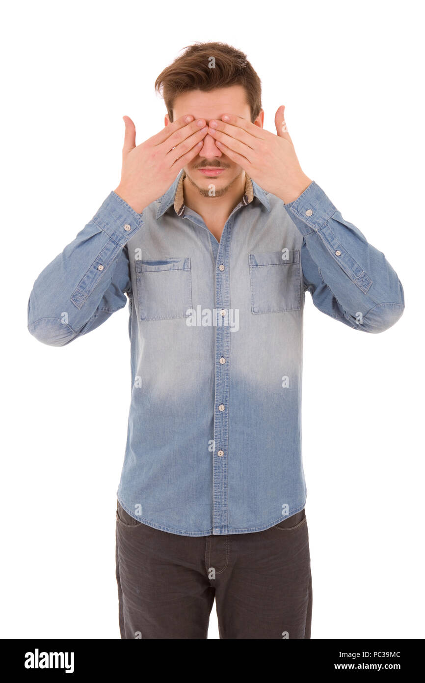 Man covering his eyes, isolated on white background Stock Photo - Alamy