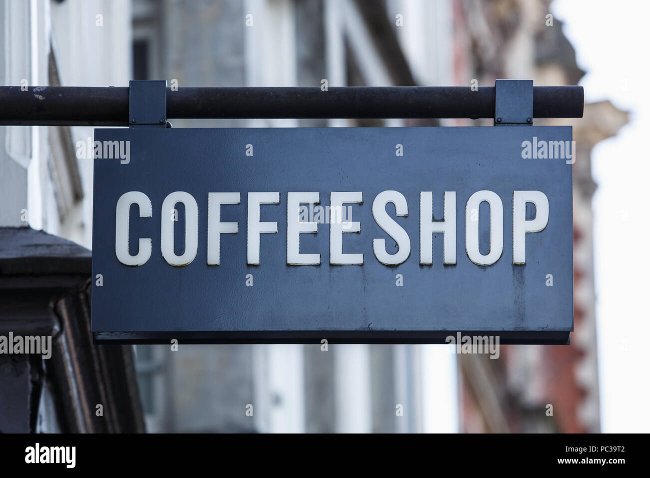 Coffeeshop sign on pub with legal weed sale in Amsterdam.Popular ...