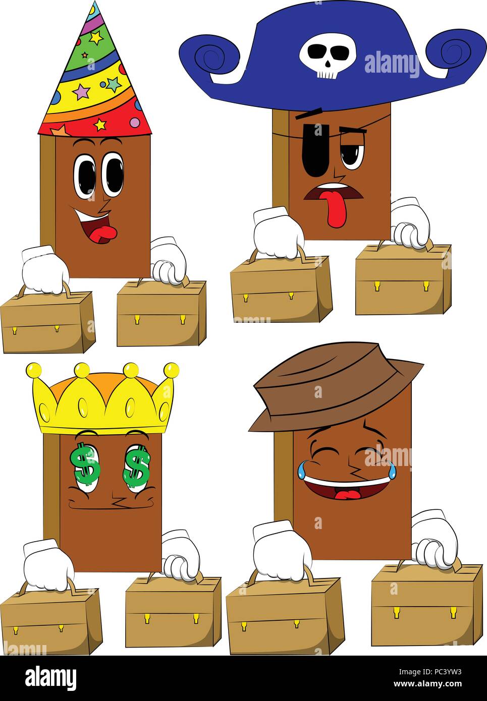 Books with two suitcase. Cartoon book collection with costume faces ...