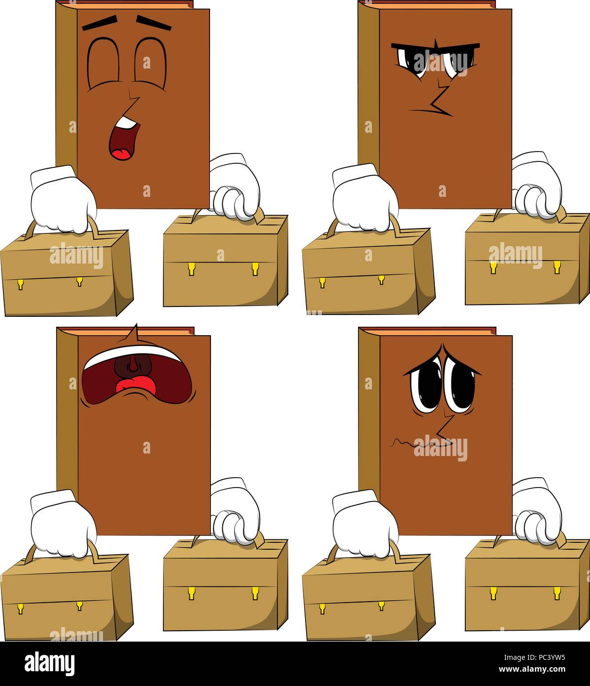 Books with two suitcase. Cartoon book collection with sad faces ...