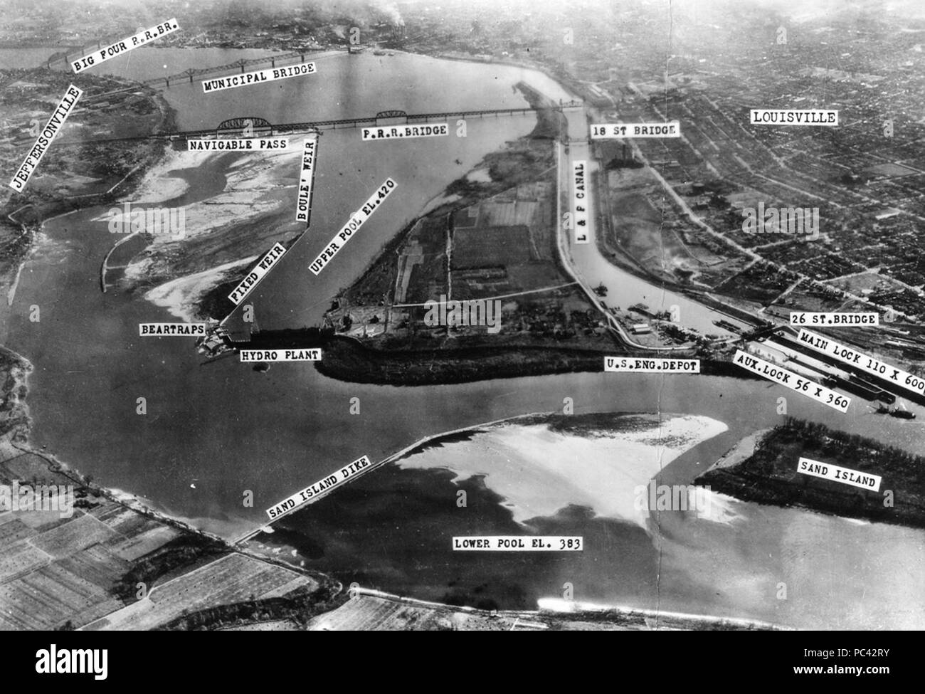 Aerial view of Falls of the Ohio and Locks and Dam No 41 circa 1930s or ...