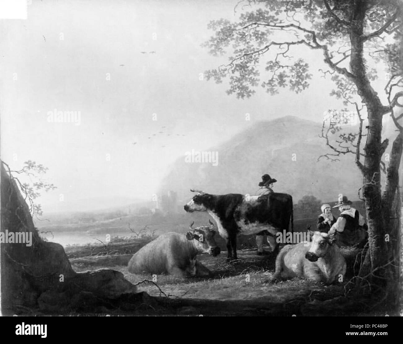 Aelbert Cuyp - Landscape with Three Cows and Shepherds Stock Photo - Alamy