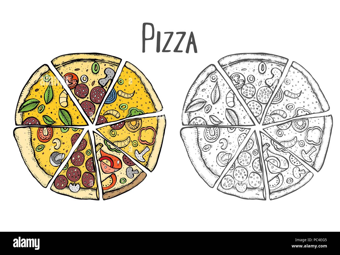 Colored Italian Pizza hand drawn vector illustration. Pizza slices in a ...