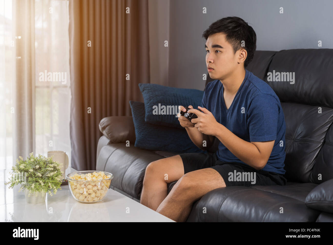young man playing video game with joystick in the living room Stock ...