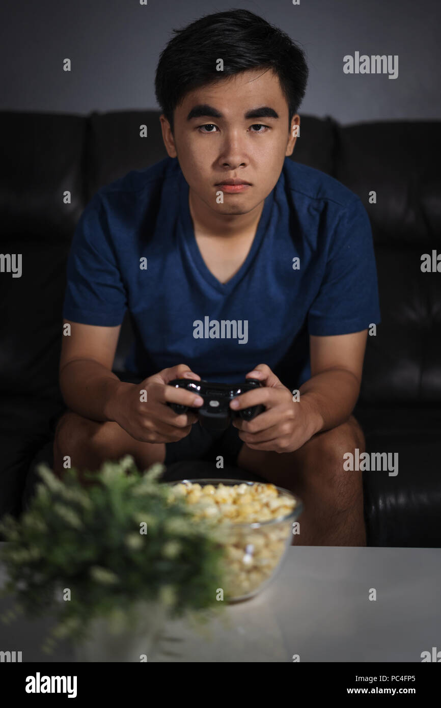 young man playing video game with joystick in the living room at night ...