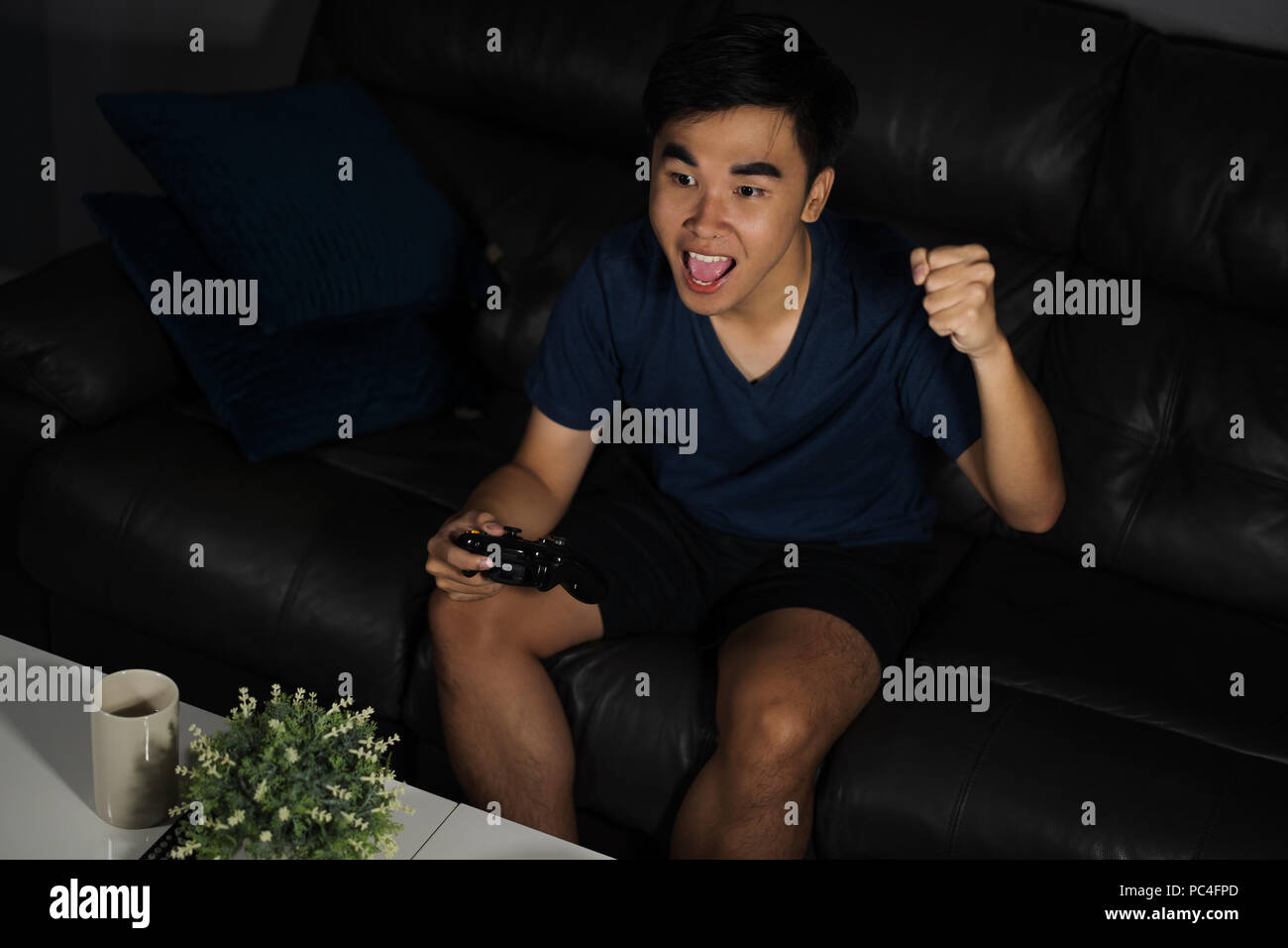 young man playing video games and wins at night Stock Photo - Alamy