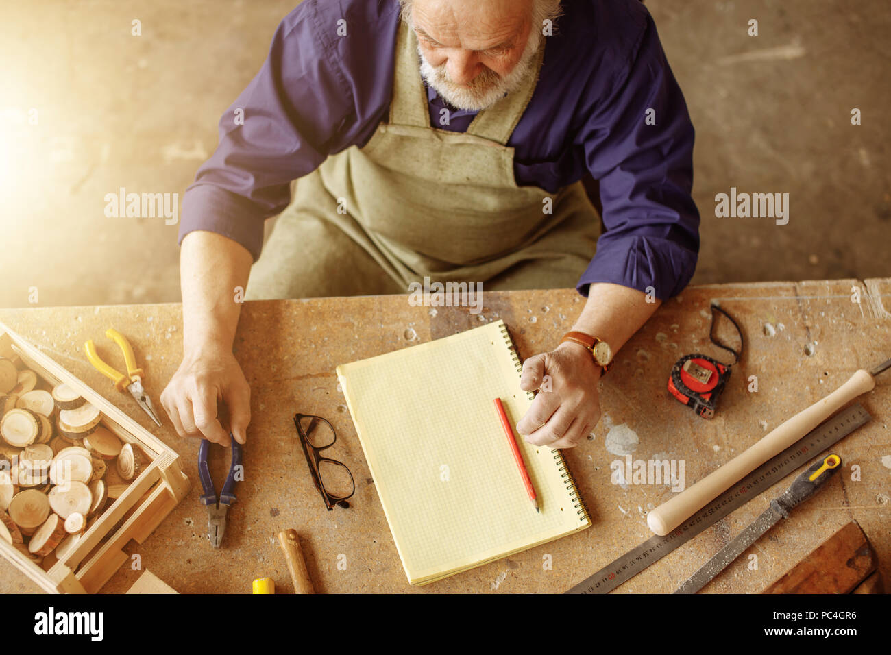 close up top view shot of old shop teather sitting near the table with ...