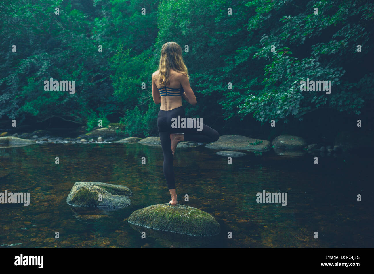 A woman doing yoga is in a tree pose on a rock in the river Stock Photo ...