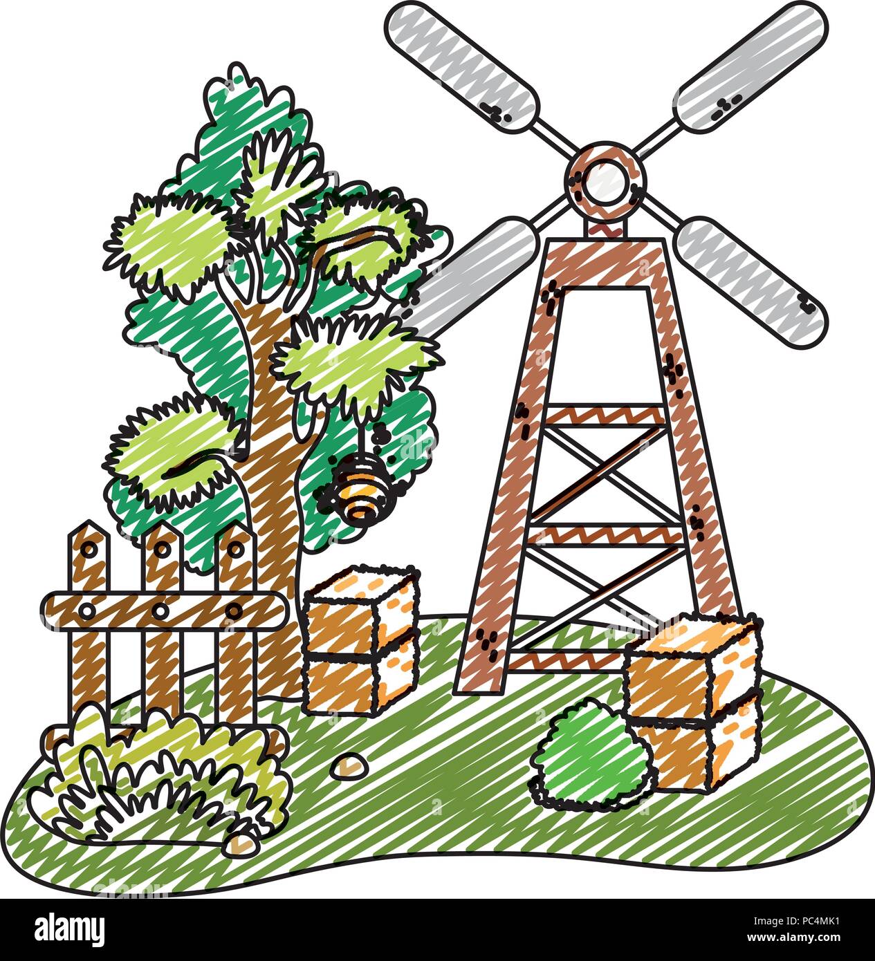 doodle windmill with farm straw bale and wood grillage Stock Vector ...