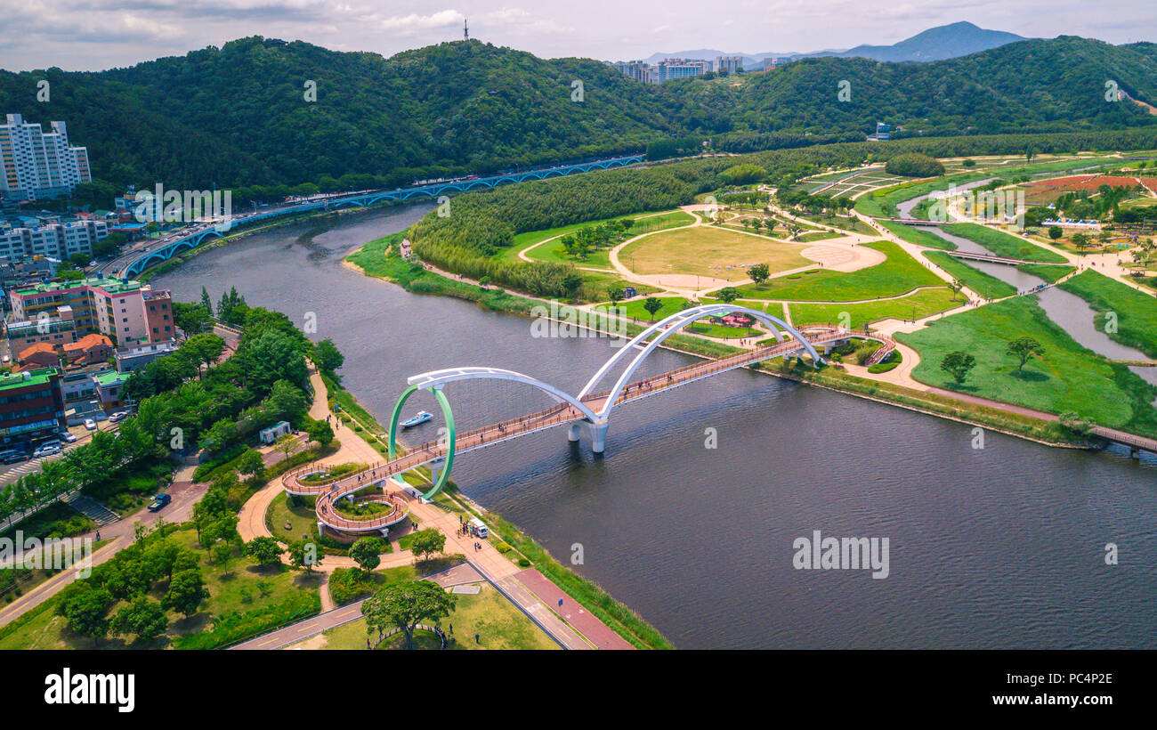 Aerial view of Taehwa riverside during Spring season in Ulsan city of ...