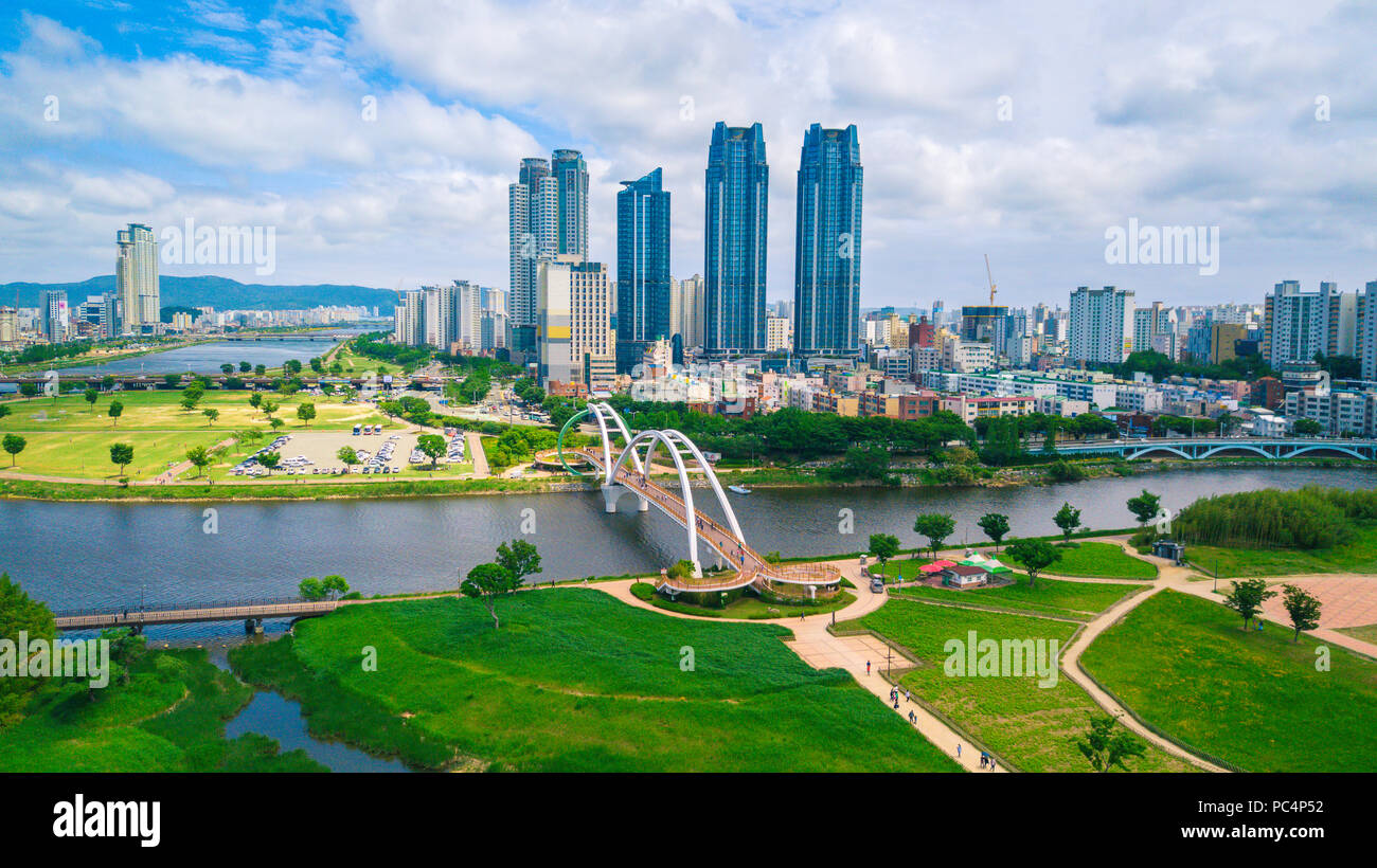 Aerial view of Taehwa riverside during Spring season in Ulsan city of ...