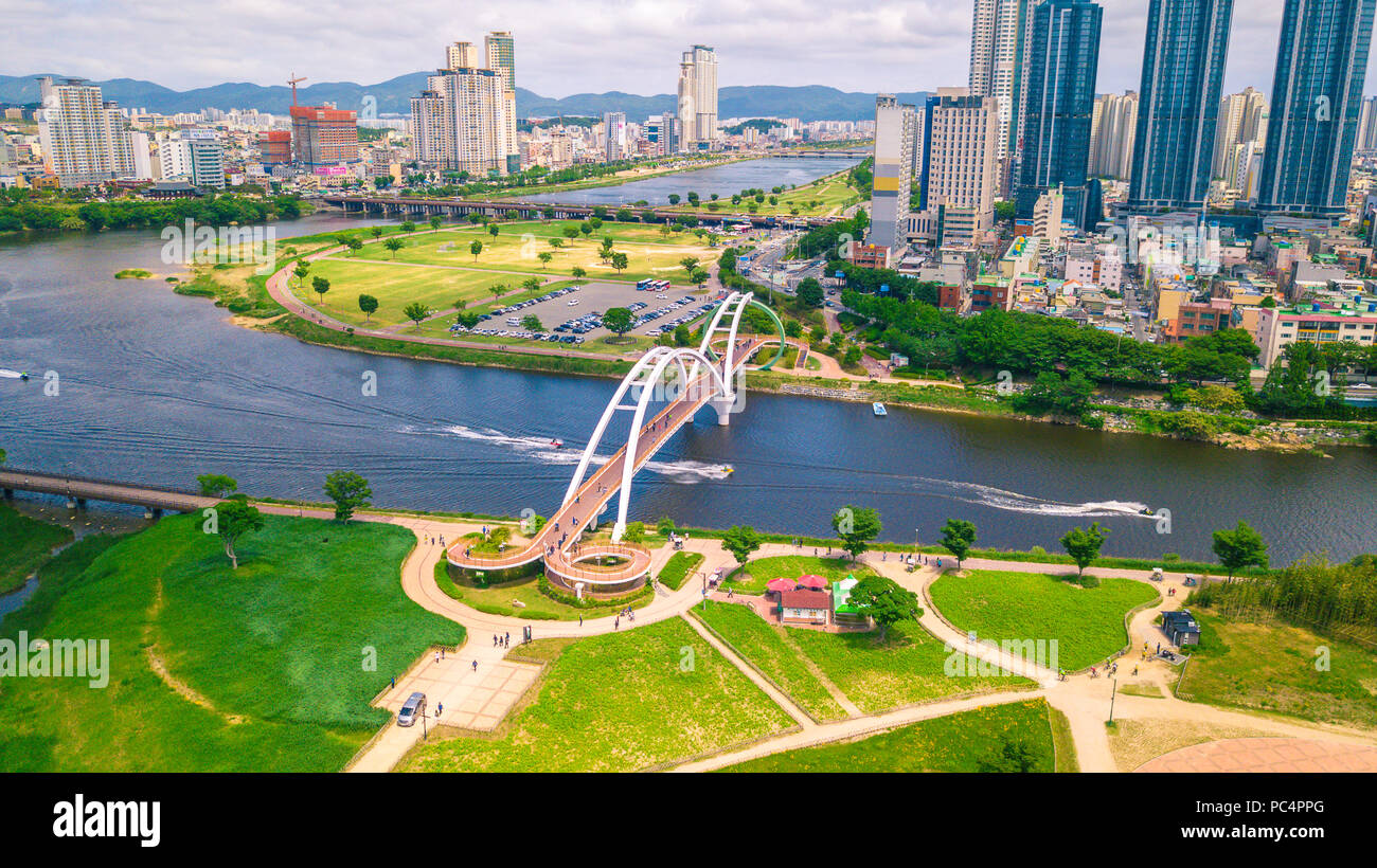 Aerial view of Taehwa riverside during Spring season in Ulsan city of ...