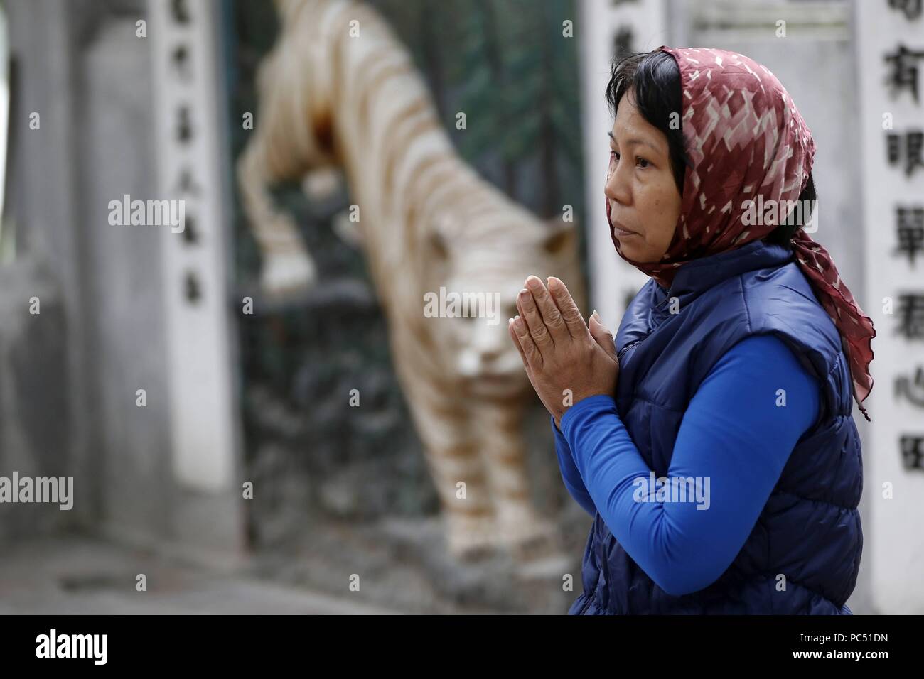 The Temple of the Jade Mountain ( Ngoc Son temple ). Woman praying the ...