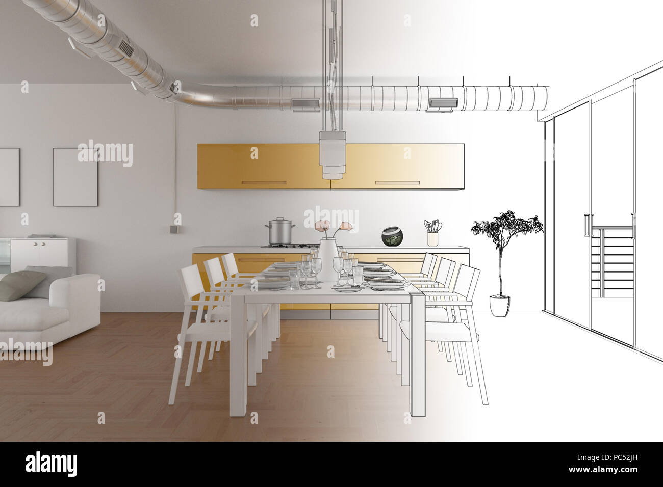 Interior Design Modern Loft Drawing Gradation Into Photograph Stock ...
