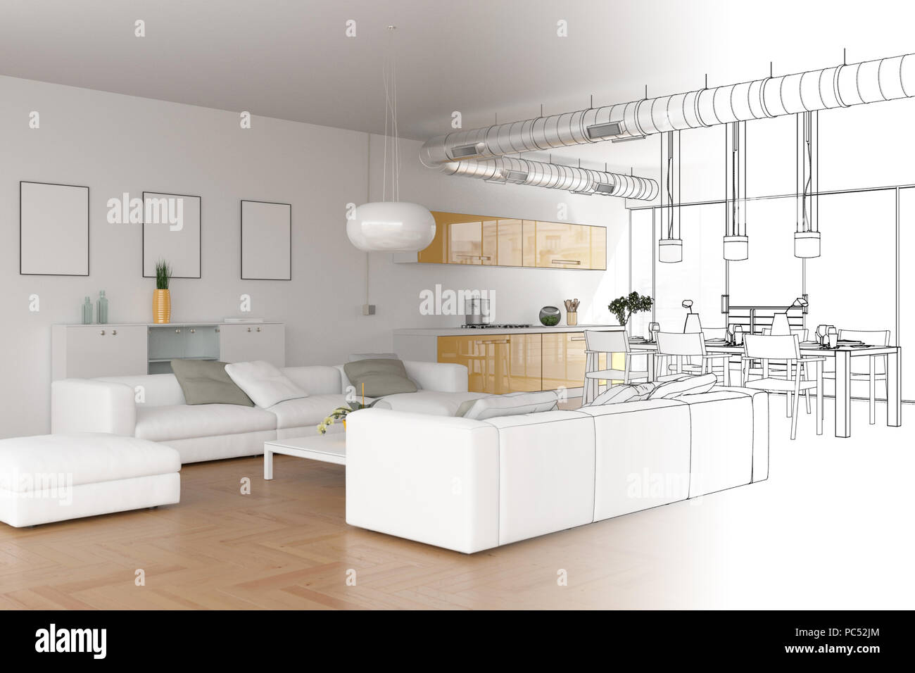 Interior Design Modern Loft Drawing Gradation Into Photograph Stock ...