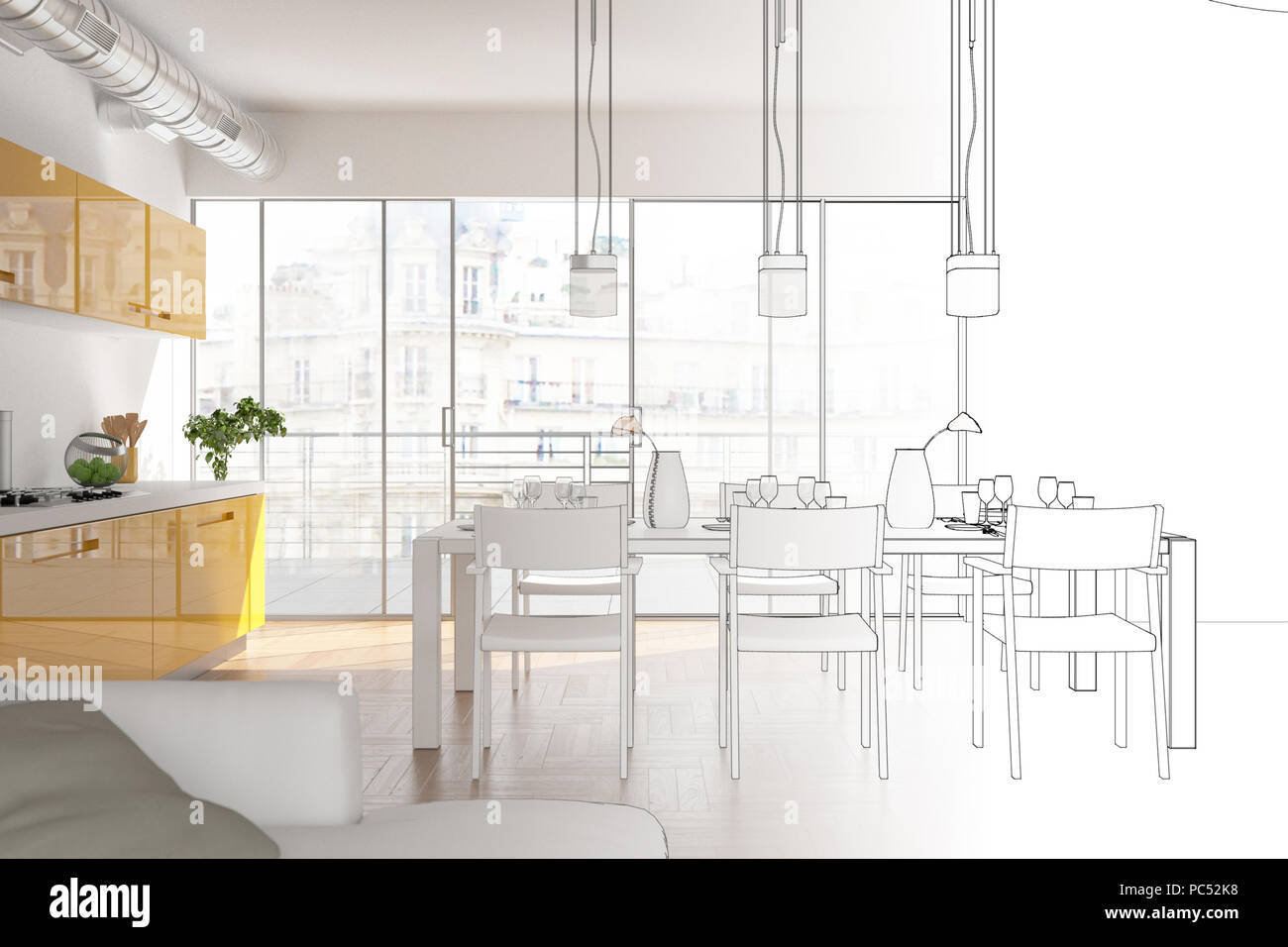 Interior Design Modern Loft Drawing Gradation Into Photograph Stock ...