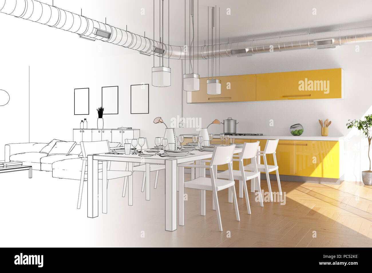 Interior Design Modern Loft Drawing Gradation Into Photograph Stock ...