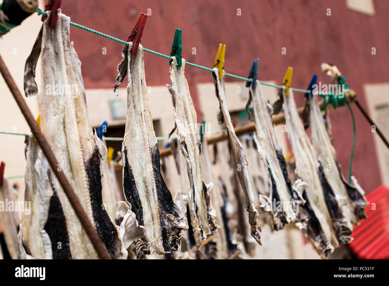 Peniche, Portugal - Fish drying in open air in front of a fisherman's ...