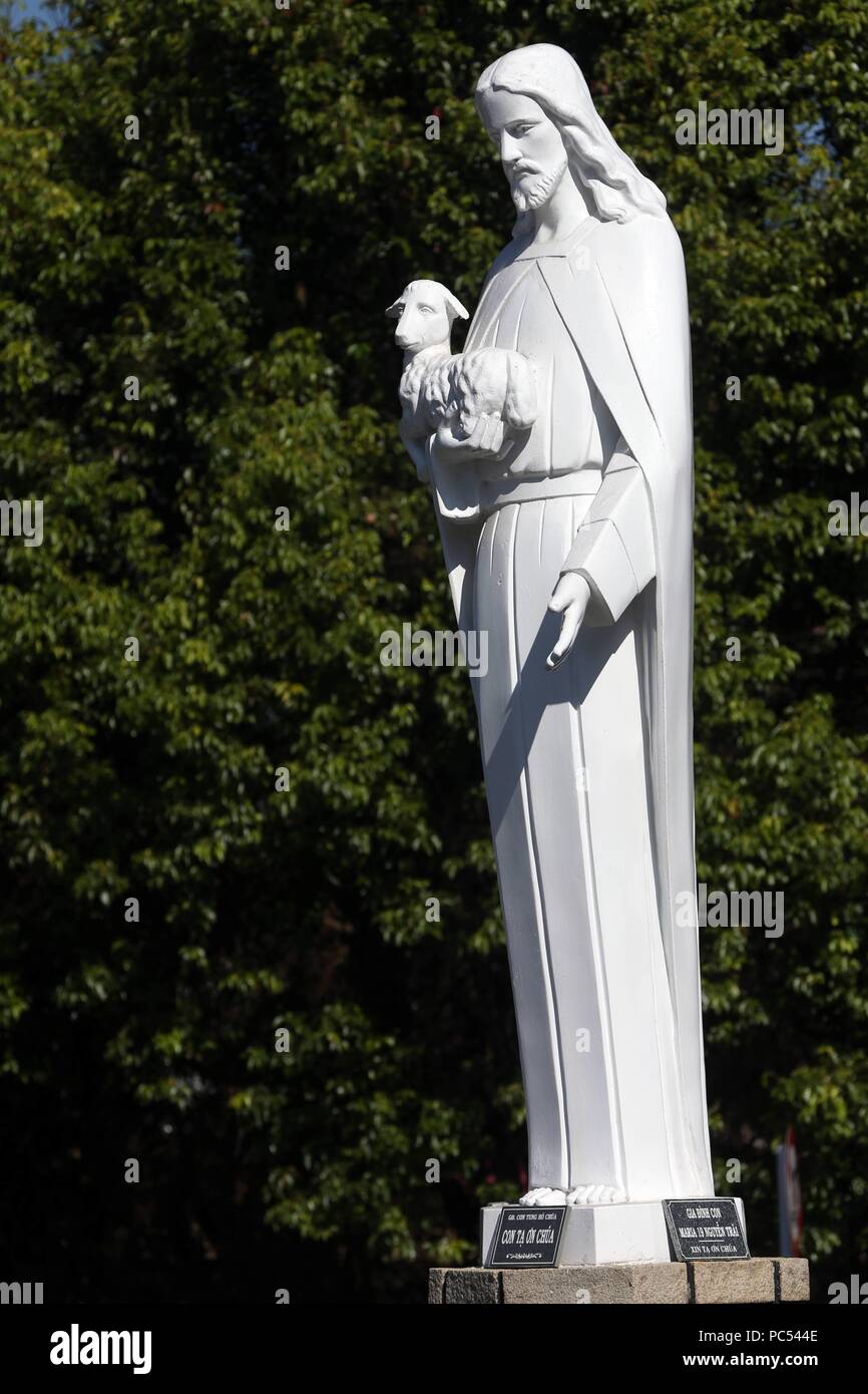 Jesus Christ good shepherd statue in front of Dalat Cathedral. Dalat ...