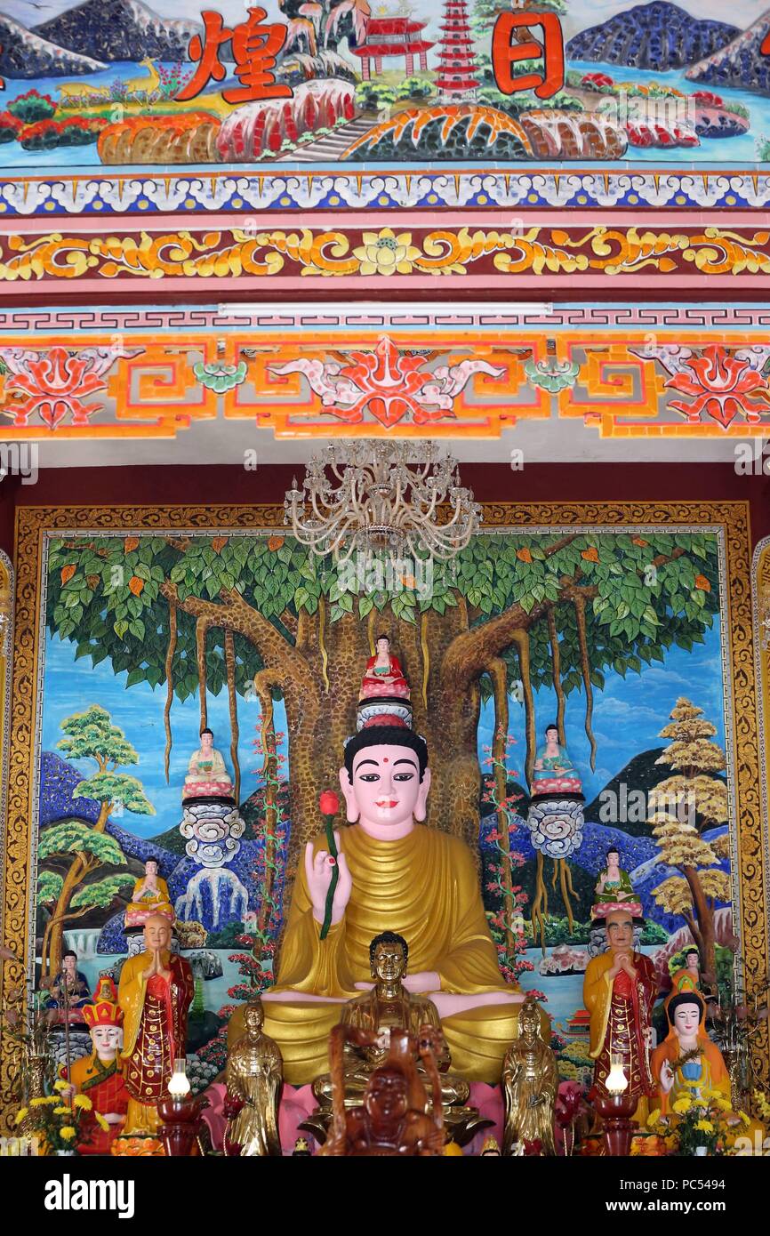 Chua Buu Dai Son buddhist pagoda. Sakyamuni Buddha statue on main altar ...