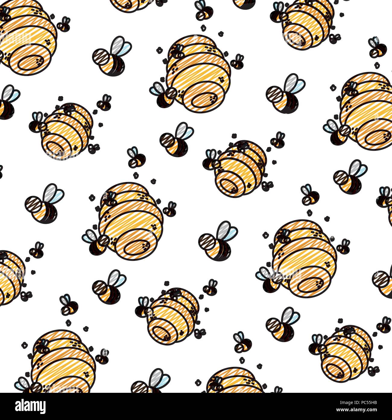 doodle honeycomb with bees insects flying background Stock Vector Image ...