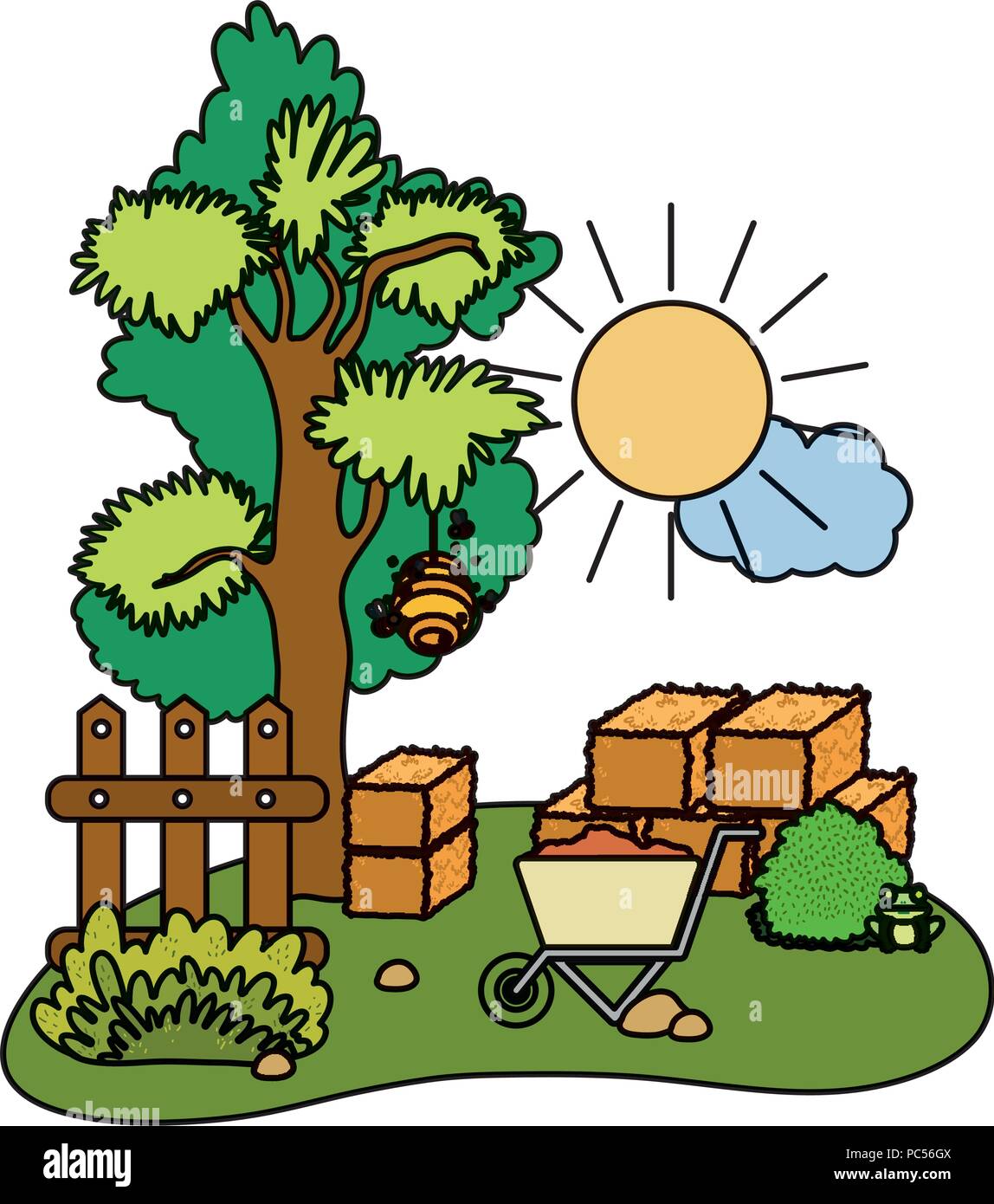 color farm straw bale next to tree and handcart Stock Vector Image ...