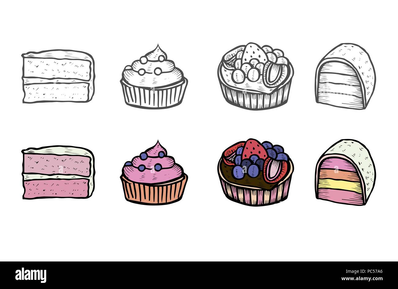Desserts and sweets color isolated on white background. Hand drawing ...