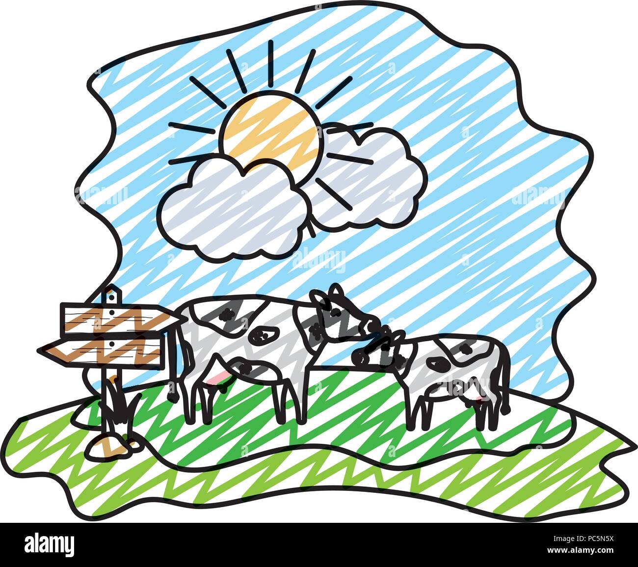 doodle family cow farm animal with wood notices Stock Vector Image ...