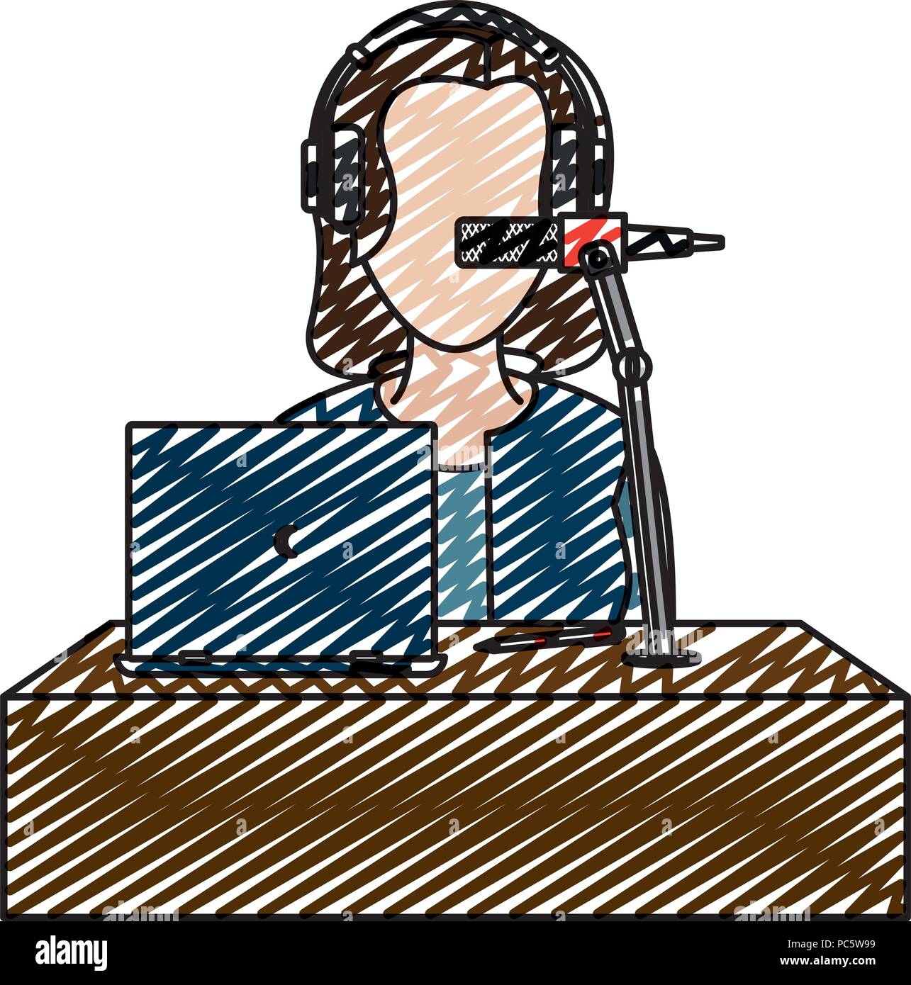 doodle woman reporter occupation with laptop and microphone Stock ...