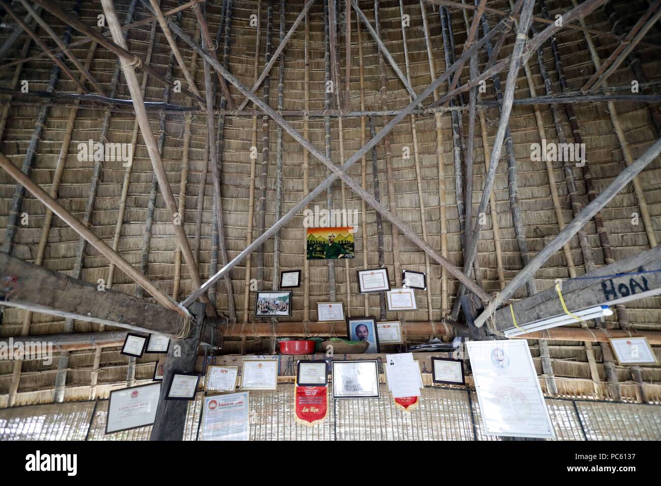 Bahnar ethnic minority people's communal Rong house. Interior with Ho ...