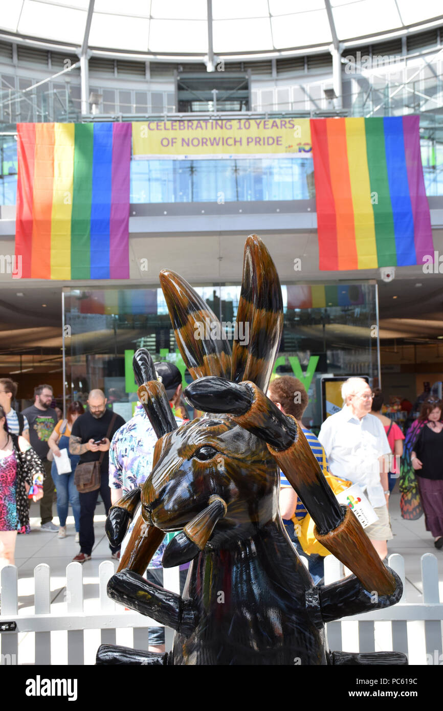 Norwich Pride, 28 July 2018 UK - rainbow flags inside The Forum in ...