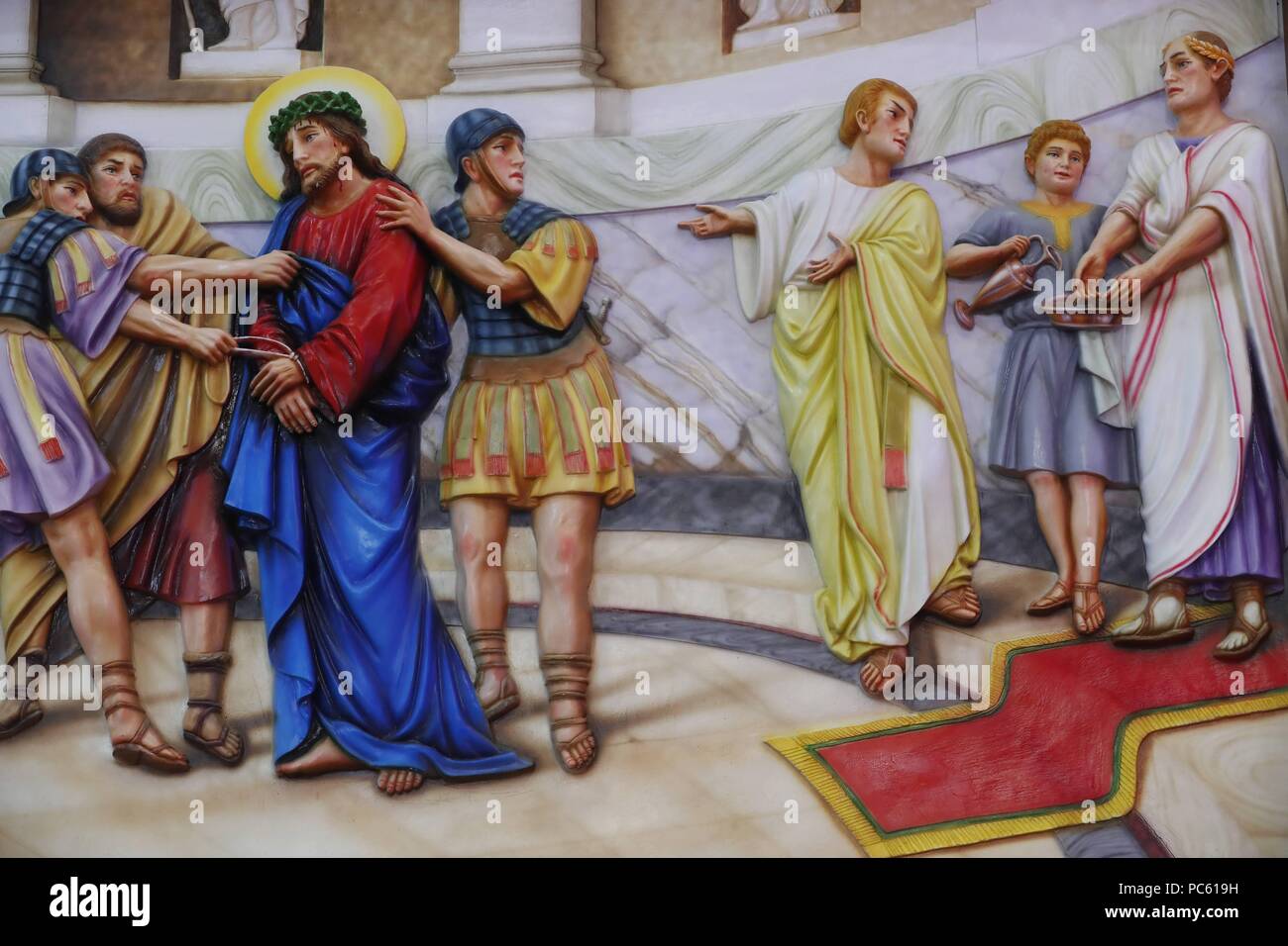 Our Lady of Fatima church. Way of the cross. Station 1. Pilate condemns ...