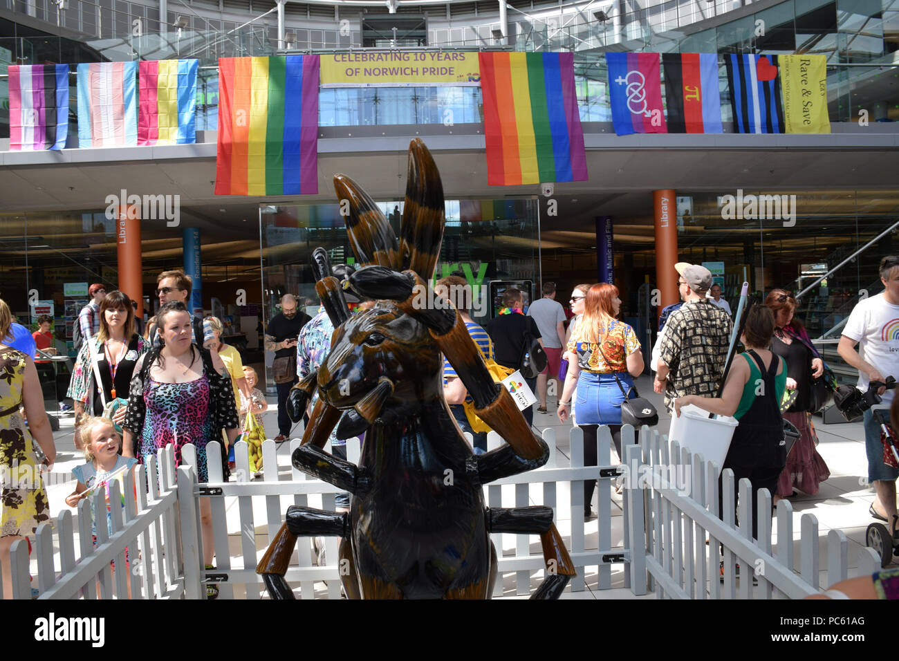 Norwich Pride, 28 July 2018 UK - rainbow flags inside The Forum in ...